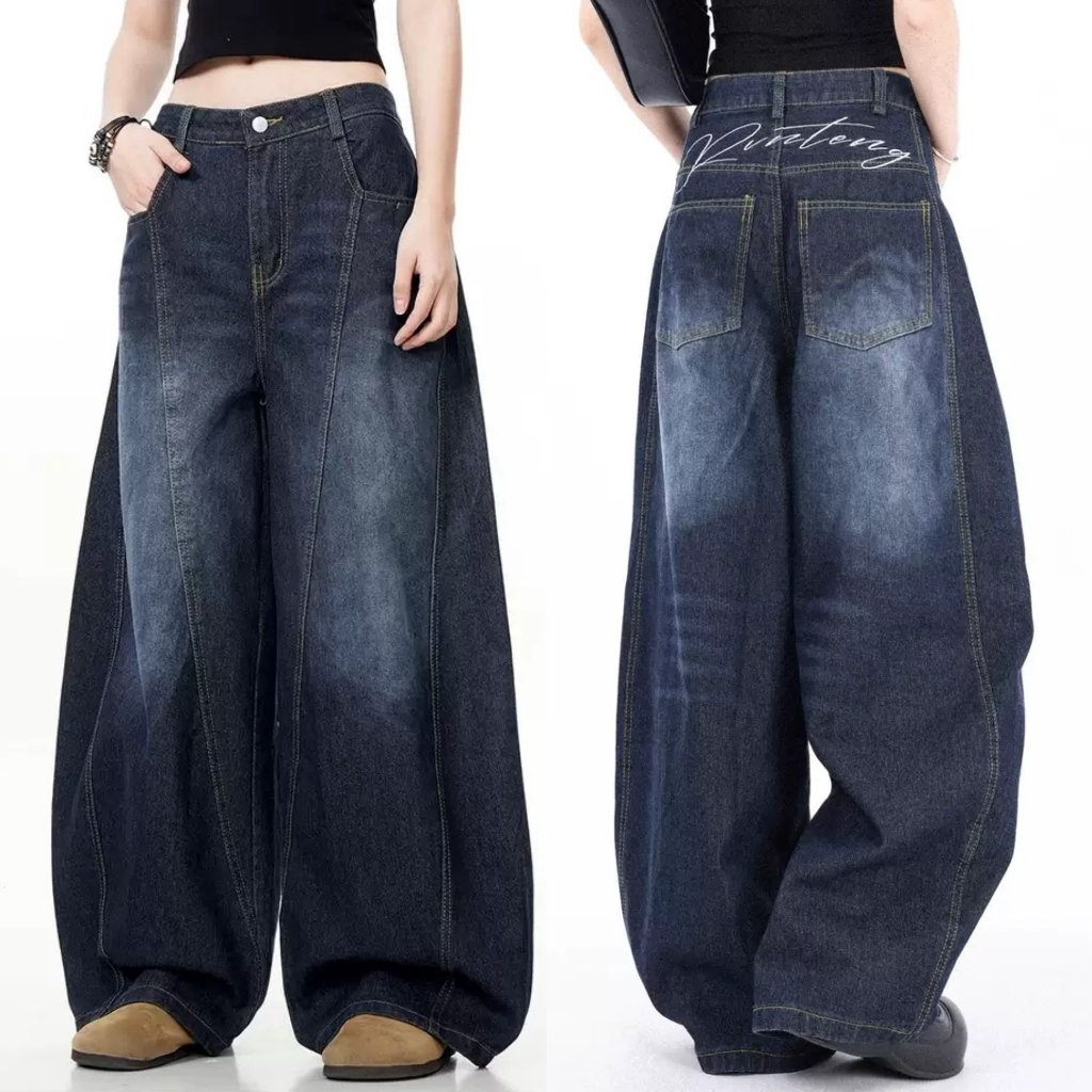 Korean style embroidered jeans loose wide leg scimitar jeans High waist ...