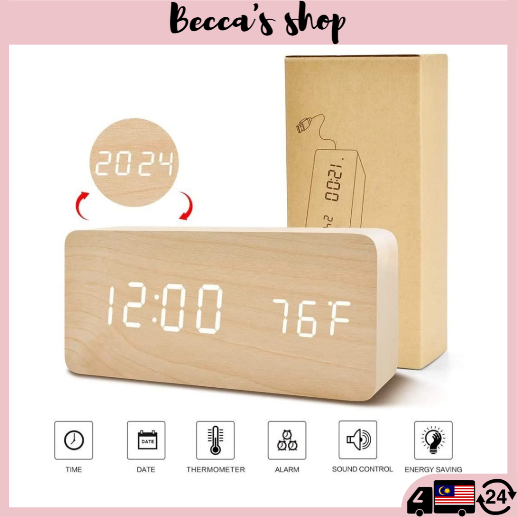 Digital Wooden Voice Control Alarm Clock USB Plug In Bedside Clock With ...