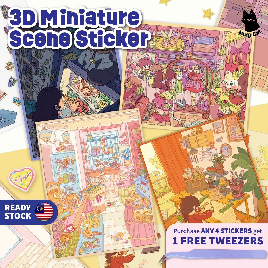 Lazy Cat 3D Miniature Scenes Sticker DIY Cute Cartoon Korean Style ...