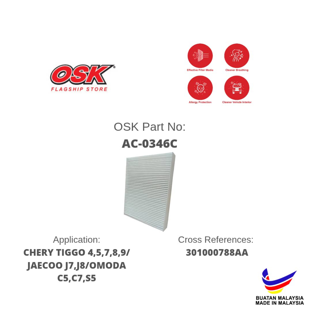OSK CABIN FILTER FOR CHERY TIGGO 4,5,7,8,9/ JAECOO J7,J8/OMODA C5,C7,S5 301000788AA | Shopee ...
