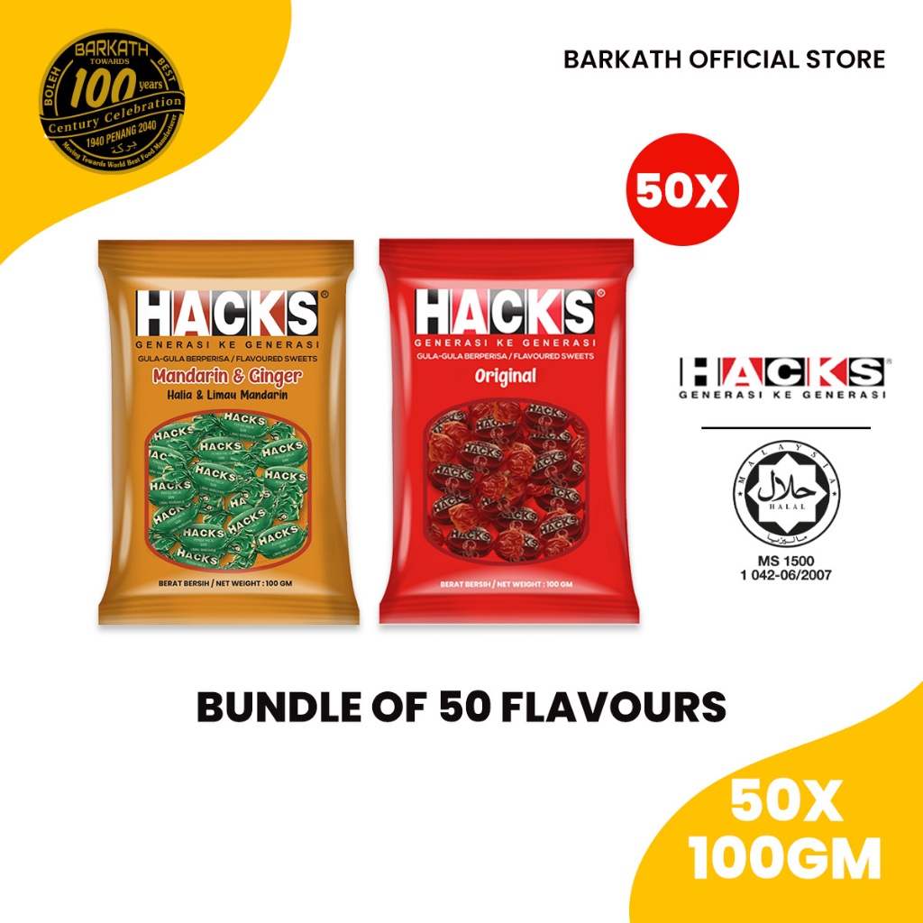 Carton Deal - Hacks Flavoured Sweets 100g x 50 - 5 Flavours | Original ...
