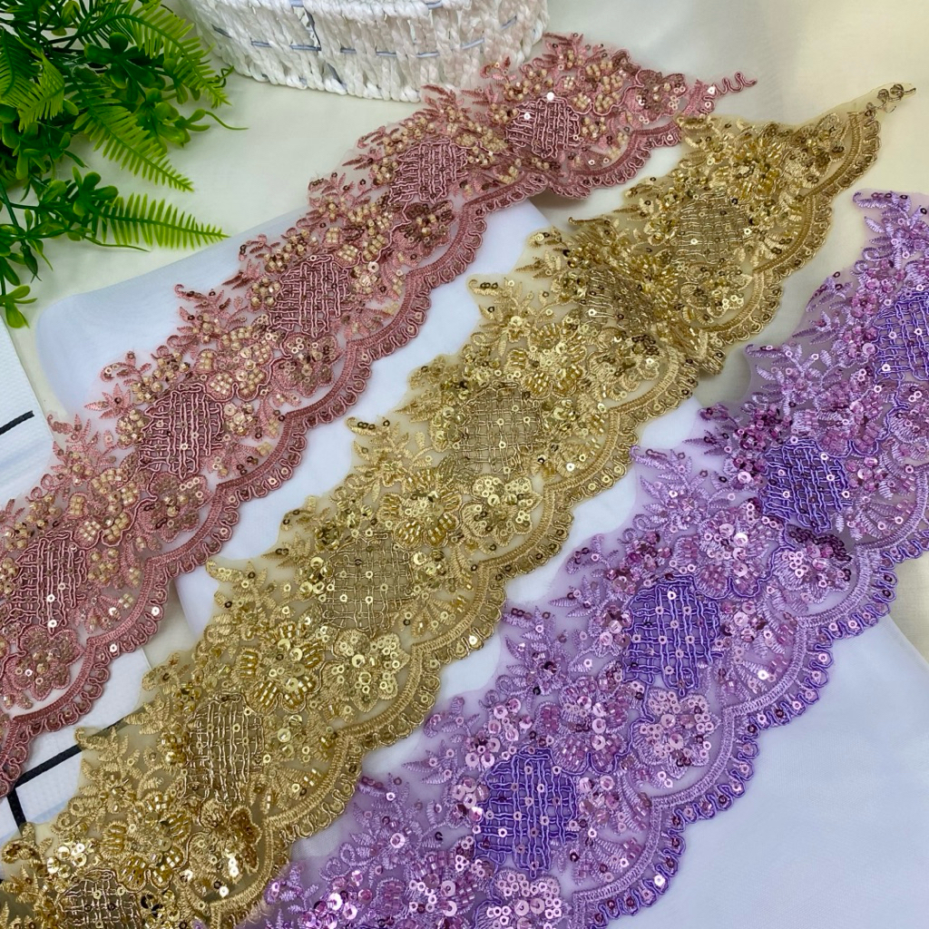 (0.5mts) FN22 sequin border lace/renda lace 2026/renda lace/renda fancy ...