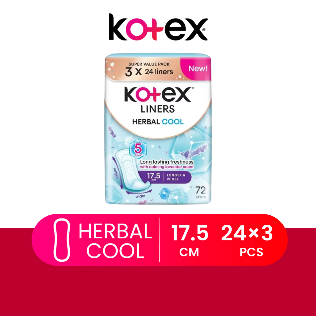KOTEX Herbal Cool Long & Wider Unscented Pantyliner 17.5cm 24s × 3 ...