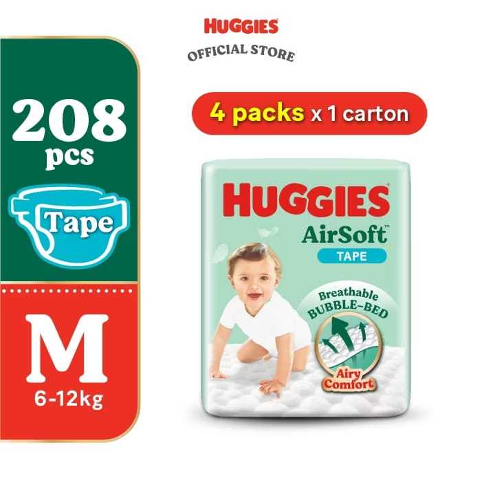 Huggies AirSoft Tape Comfort Fit Diapers M Size 6-12kg 208pcs Multipack ...