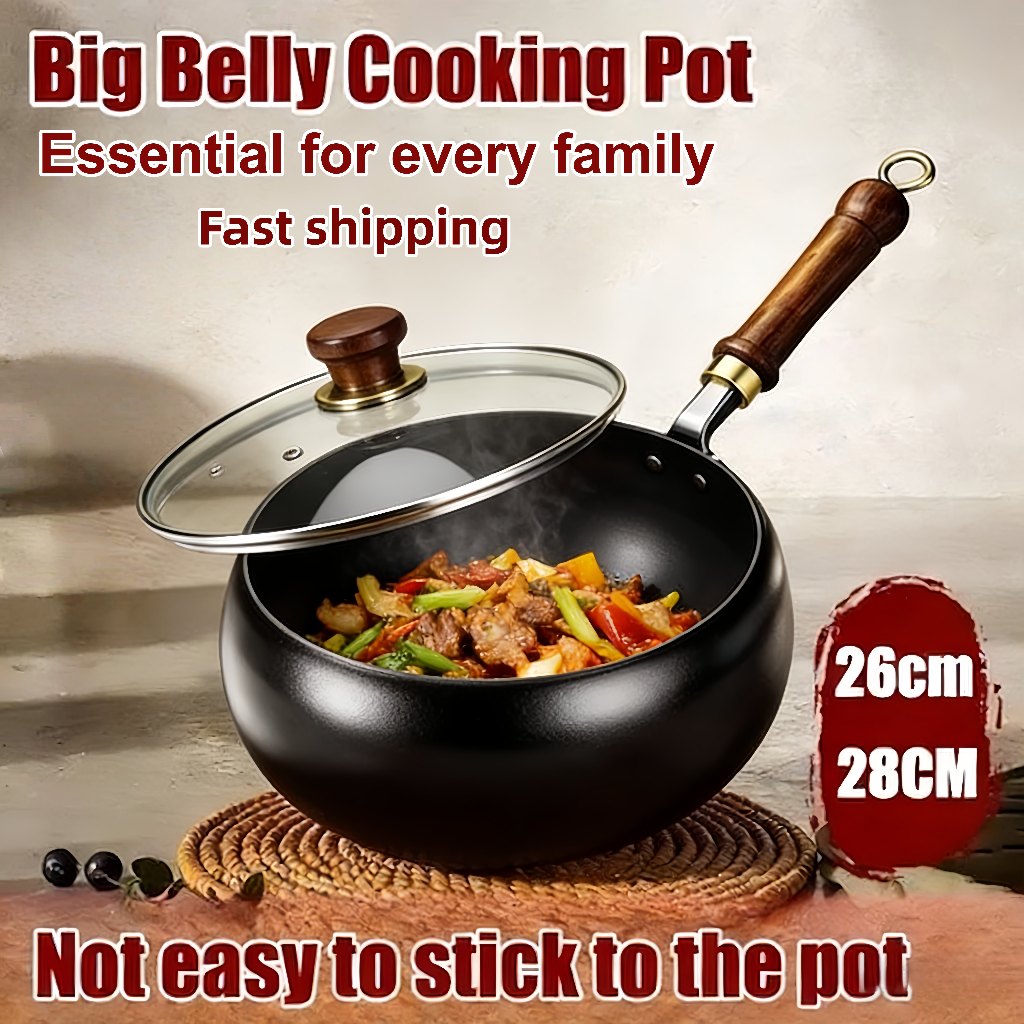 34cm Tumbled Cast Iron Wok, Uncoated & Natural Non-Stick Wide-Bellied ...