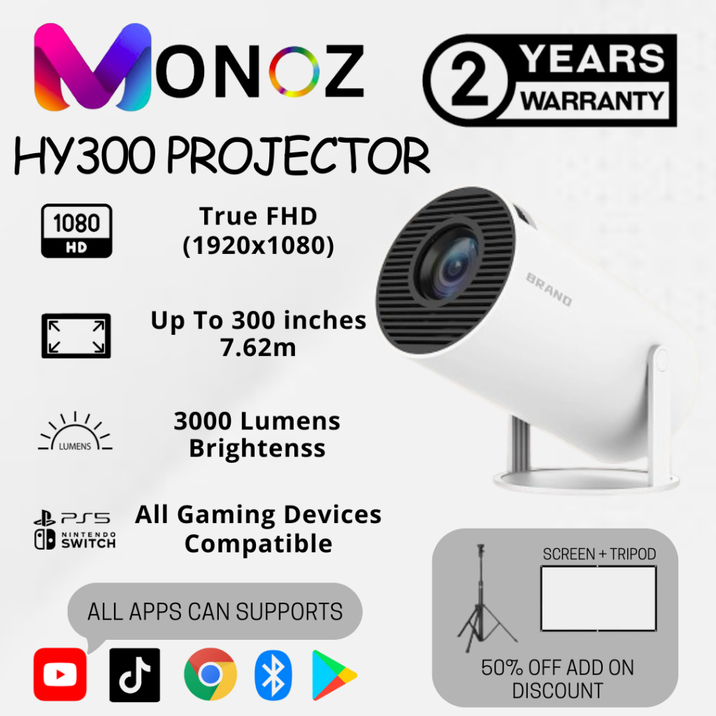 MONOZ Projector HY300 4K Laman Utama Android 11 Bluetooth 1080P Dwi ...