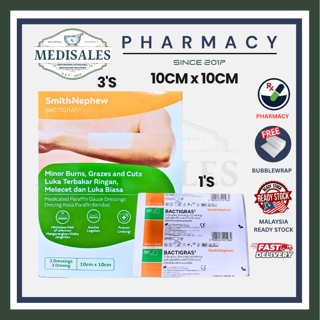 BACTIGRAS MEDICATED TULLE GRAS 10CM x 10CM (1'S || 3'S ) EXP 10/2027 ...
