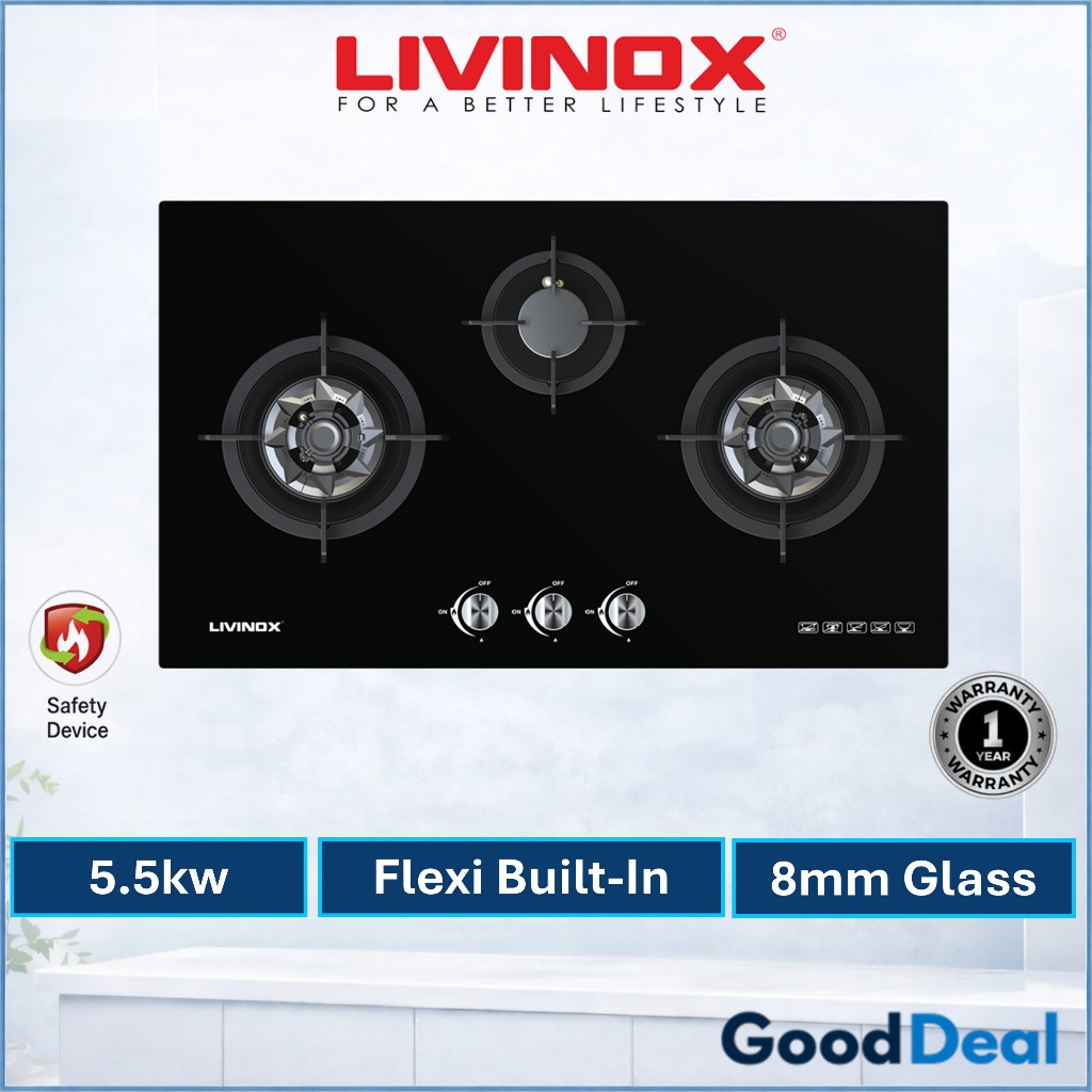 Livinox LGH-PINE 3BF-BL 3 Burners Built In Tempered Glass Gas Cooker ...