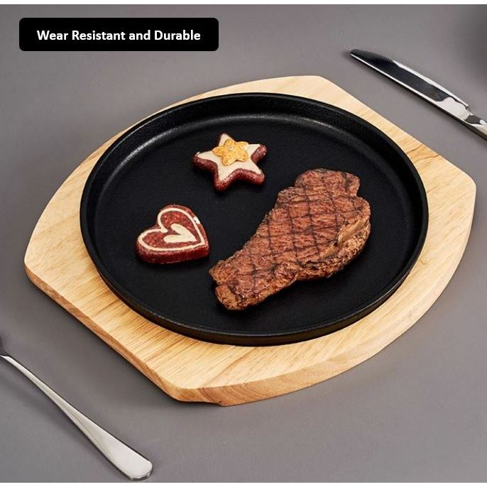 YOHIN Cast Iron Round Hot Plate With Wooden Board Sizzling Hot Plate ...