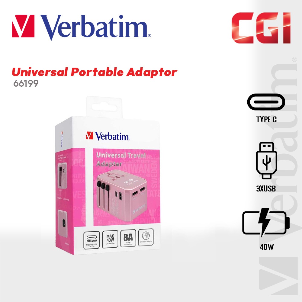 Verbatim 66199 4-Ports 40W PD 29W & 3 USB Universal Portable Adaptor ...
