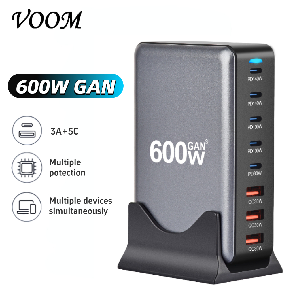 VOOM 600W GaN Desktop Charger 8 port USB 5C+3A Type C PD Charger Fast ...