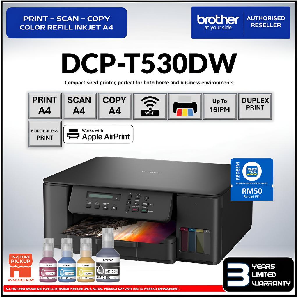 Brother DCP-T530DW Color A4 3-in1 WI-FI Ink Tank Inkjet Printer - Auto Duplex | Low Cost High ...