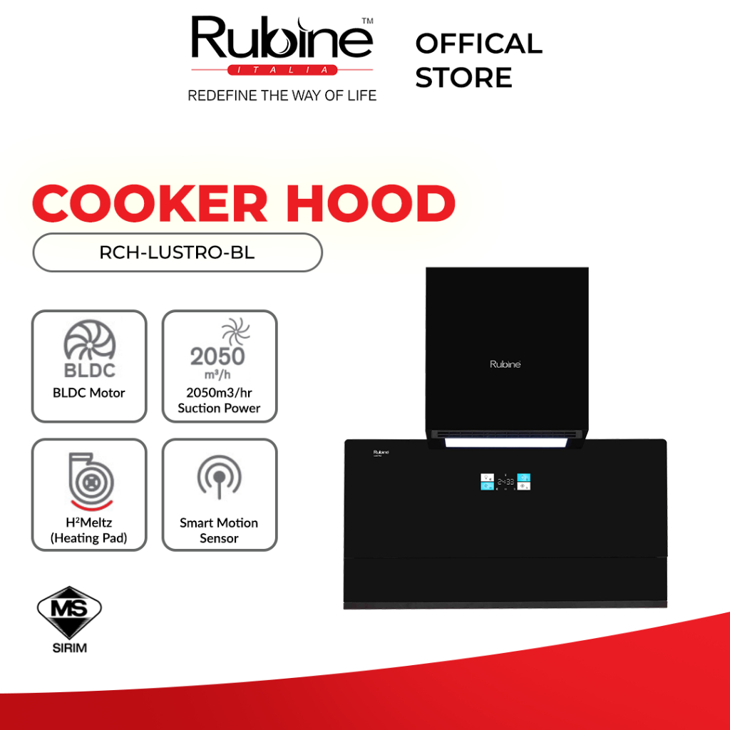 Rubine Cooker Cooktops Hood with 2050m3/hr Suction Power RCH-LUSTRO-BL ...