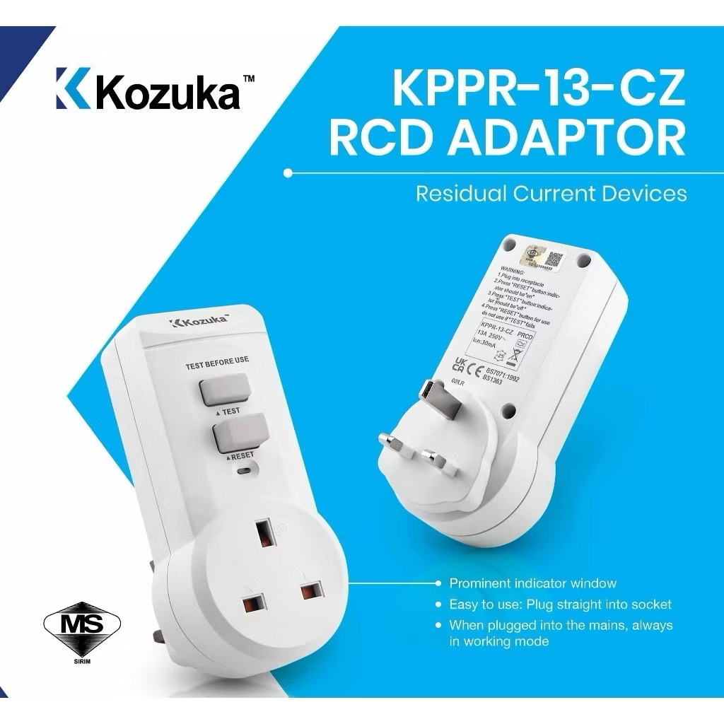 KOZUKA 13A PLUG IN Portable ELCB RCD RCCB Socket Adaptor 30mA with ...