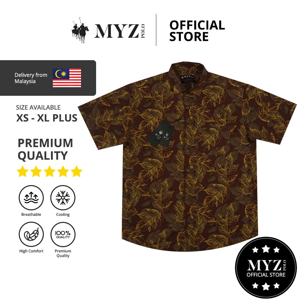 MYZ POLO Premium Pattern Leaf Natural Brown Smart Casual Logo Pocket S ...