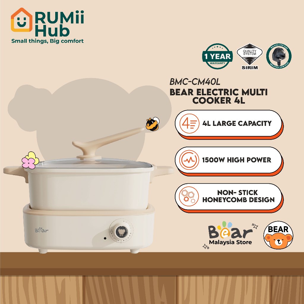 RUMii 🏠 Bear Electric Multi Cooker Non Stick 1500W Knob Control 4.0L ...