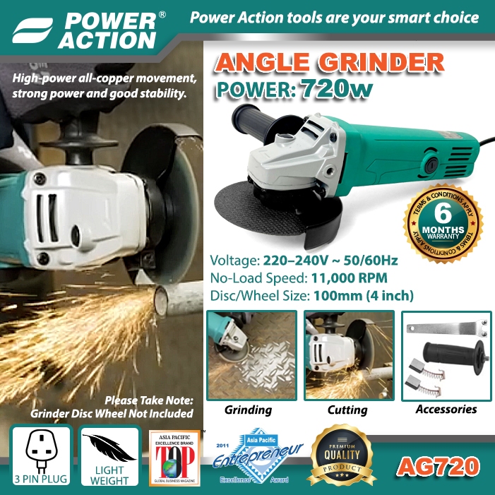 POWER ACTION AG720 Angle Grinder 4 Inch 720w 6 Month Warranty 4 ...