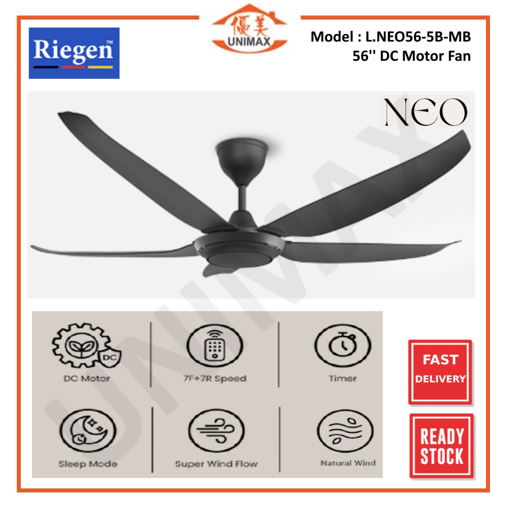 Riegen Ceiling Fan with Remote Control NEO 56 RCF-L.NEO56-5B-MB 56 Inch ...