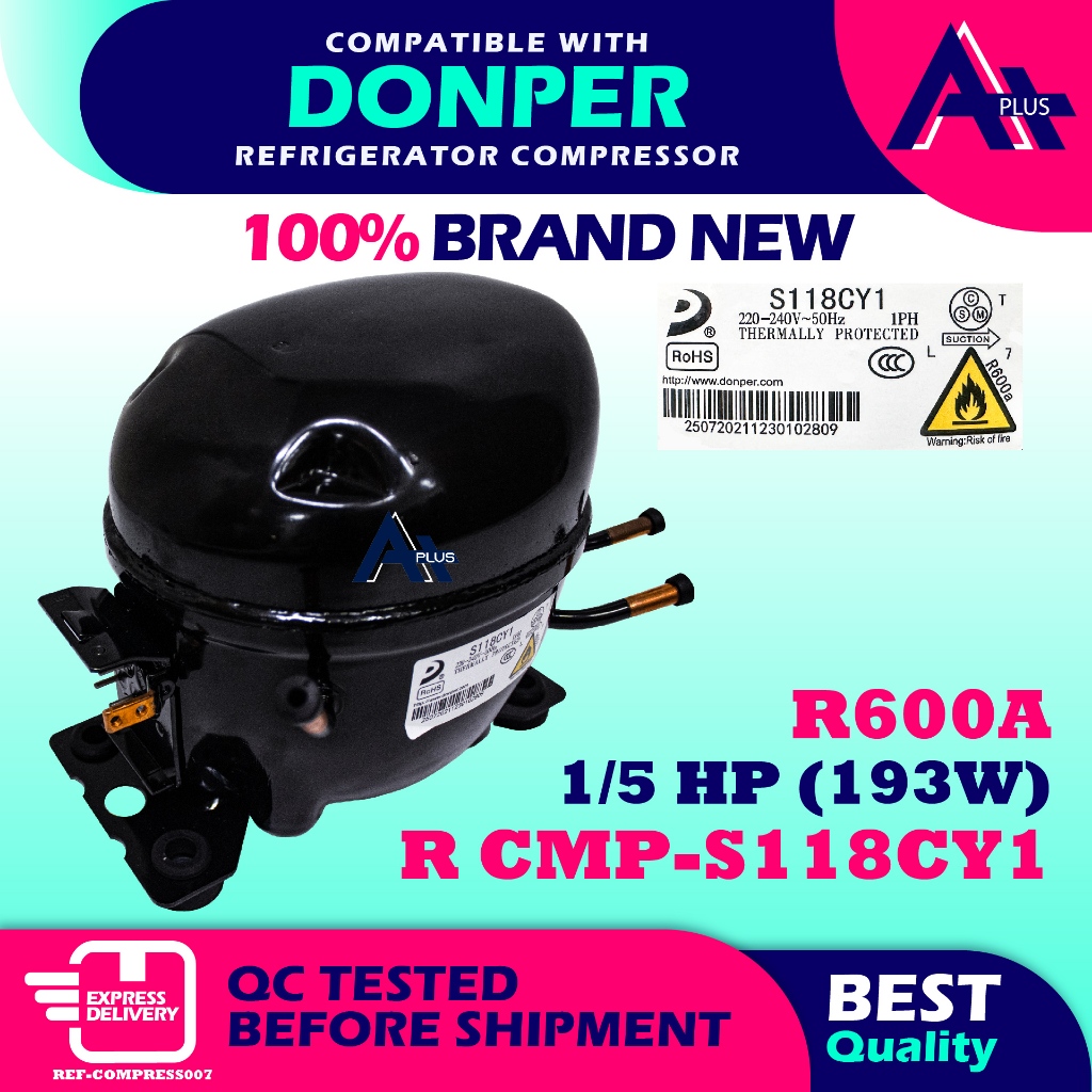 (193W) 1/5HP R CMP-S118CY1 DONPER Refrigerator Compressor R600A PETI ...