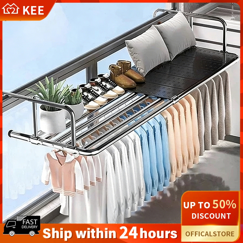Stainless Steel Foldable Towel Hanger Extendable Balcony Clothes Hanger ...