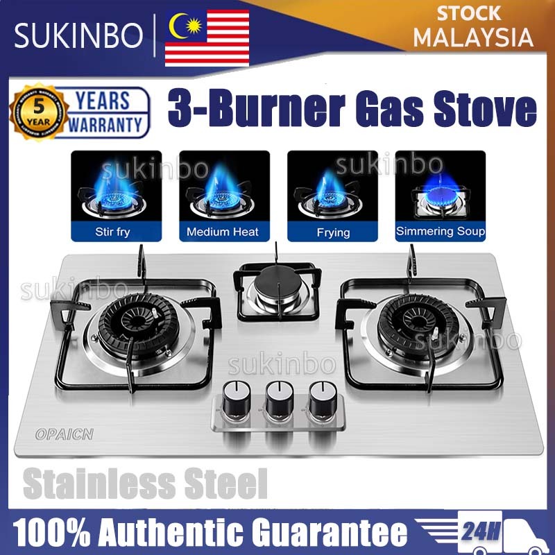 SUKINBO 3 Burner Stainless Steel Gas Stove Kitchen Cooker Hob Build-In ...