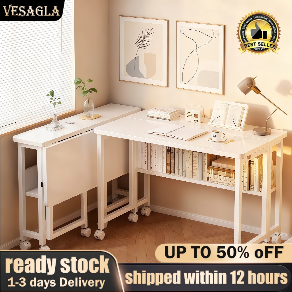 Foldable Computer Desk Portable Study Table with 360° Lockable Wheels ...