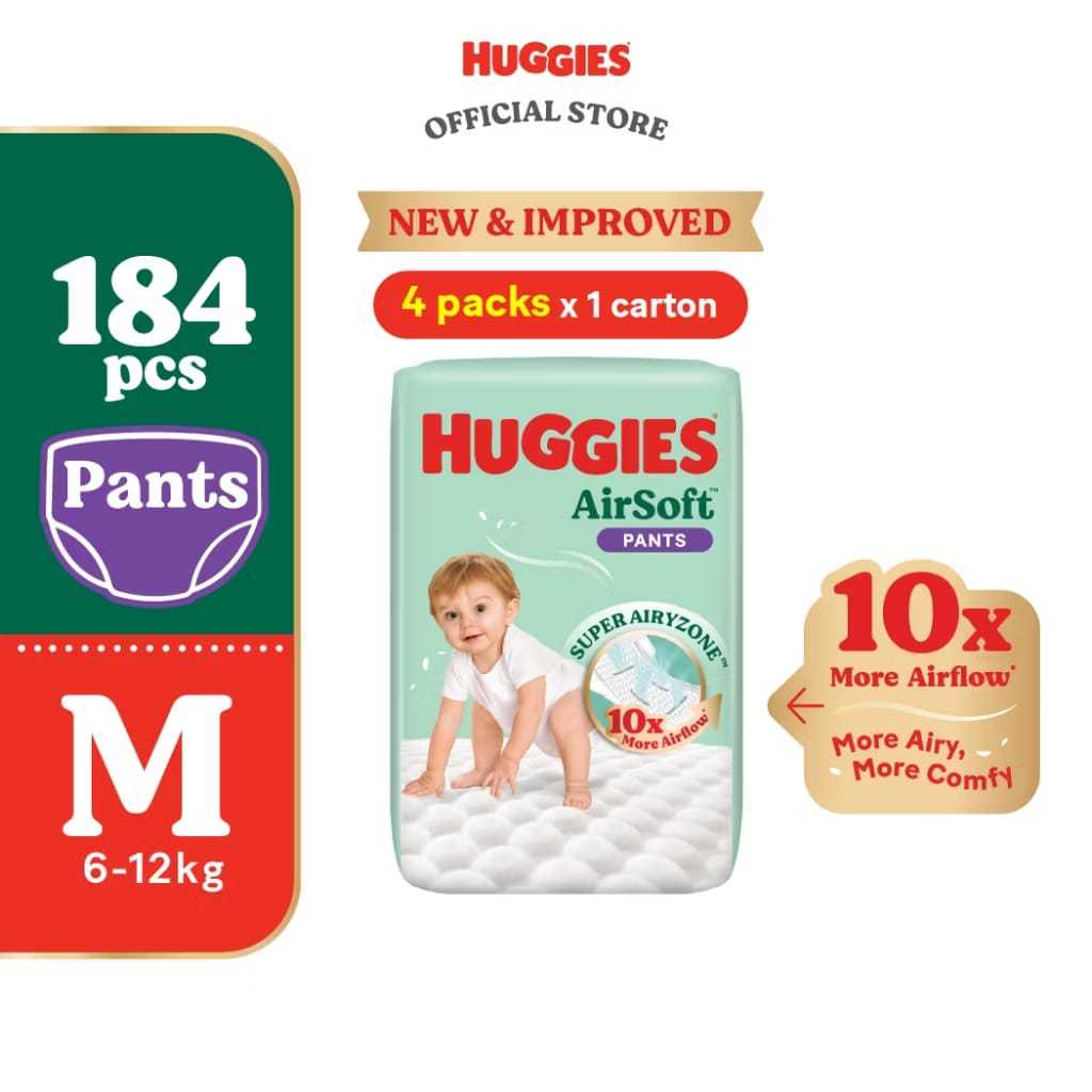 Huggies AirSoft Pants Diapers M Size 5-12kg 184pcs 10x More Airflow ...