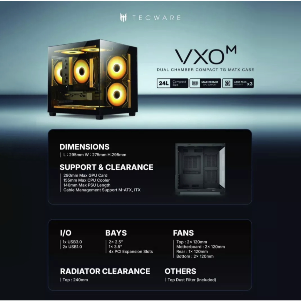# TECWARE VXO M - Dual Chamber Mid Tower T.G PC Case With 3 x 120mm ...