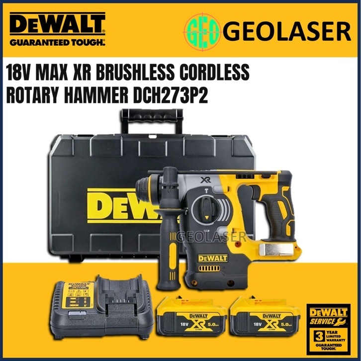 Dewalt DCH273P2 18V 24mm Brushless Cordless 3-Mode Rotary Hammer With 2 ...