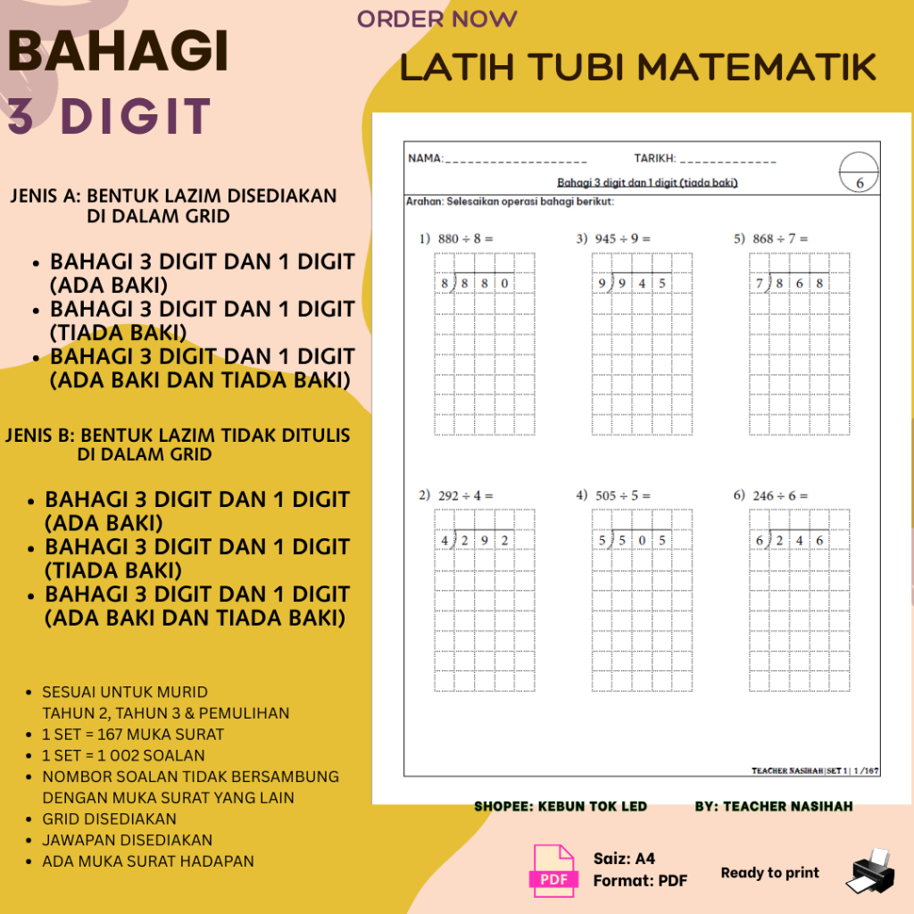 PDF | Mathematics Worksheet | Latih Tubi Matematik | Bahagi 3 Digit ...