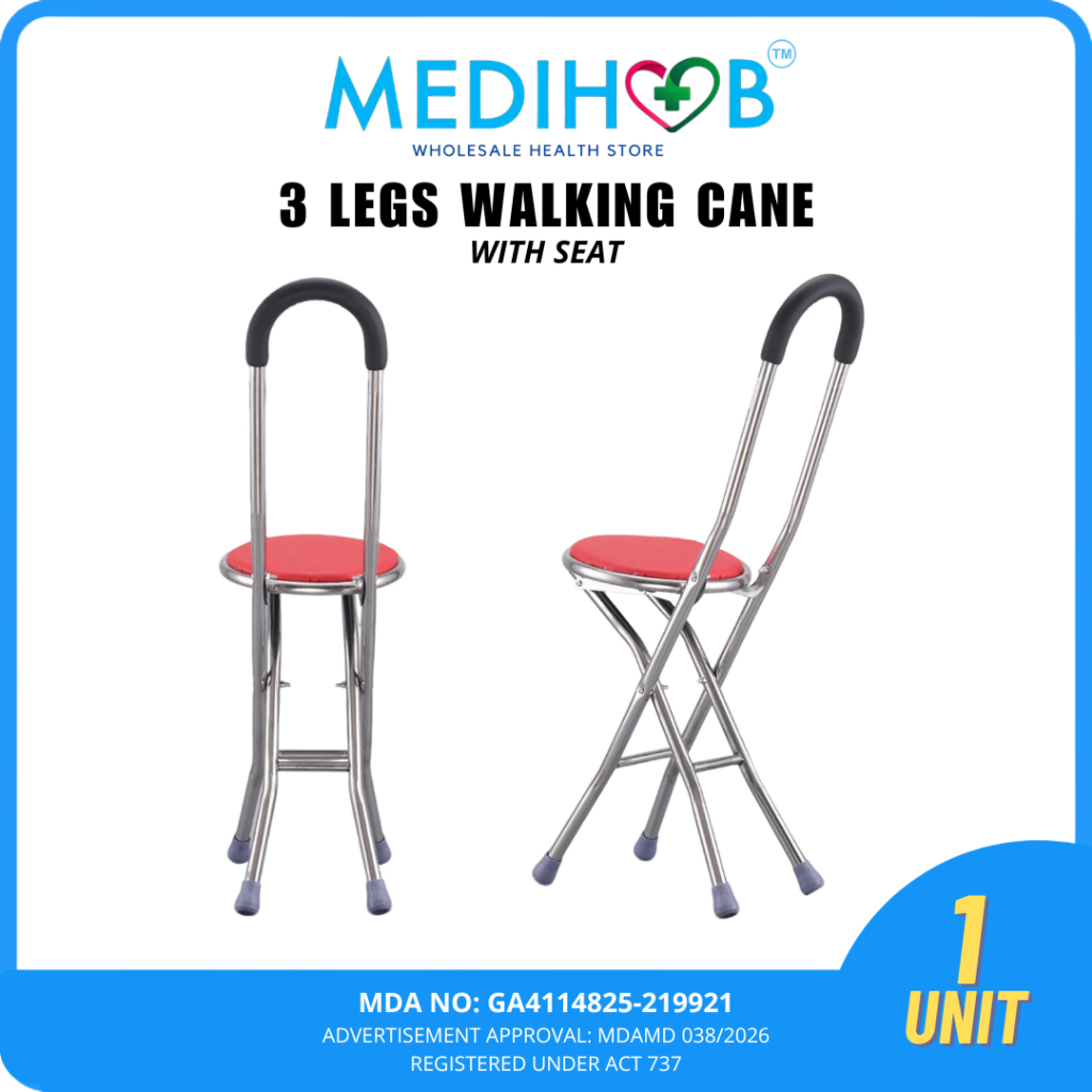 [𝐌𝐃𝐀 𝐀𝐏𝐏𝐑𝐎𝐕𝐄𝐃] Medihub 4 Legs Walking Cane with Seat | Shopee Malaysia