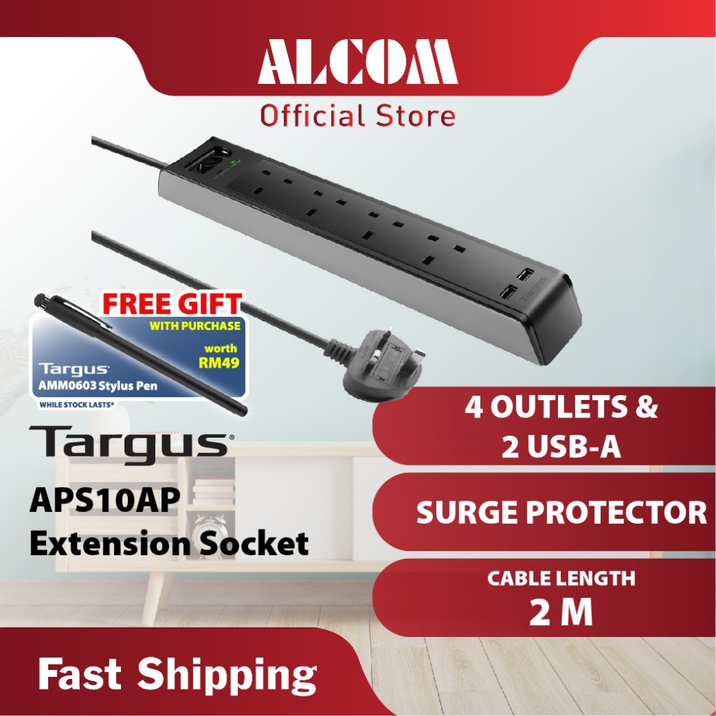 TARGUS APS10AP-70 Surge Protector with 2 USB Ports, 4 Surge, 2m Length ...