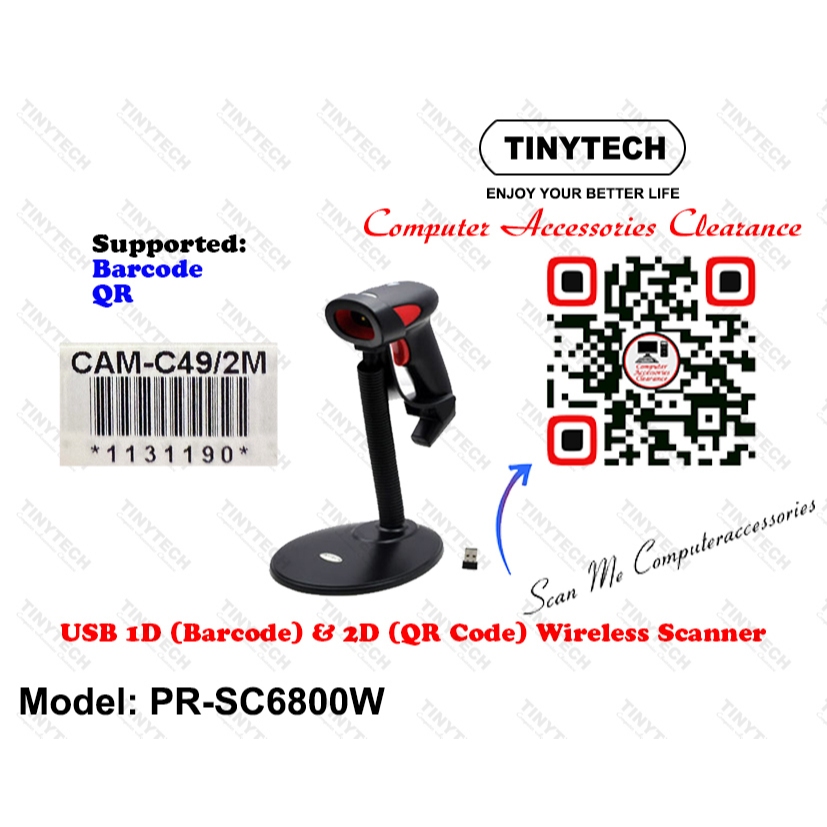 TINYTECH 6800W WIRELESS + WIRED 2 IN 1 HANDHELD BARCODE SCANNER GUN 1D ...