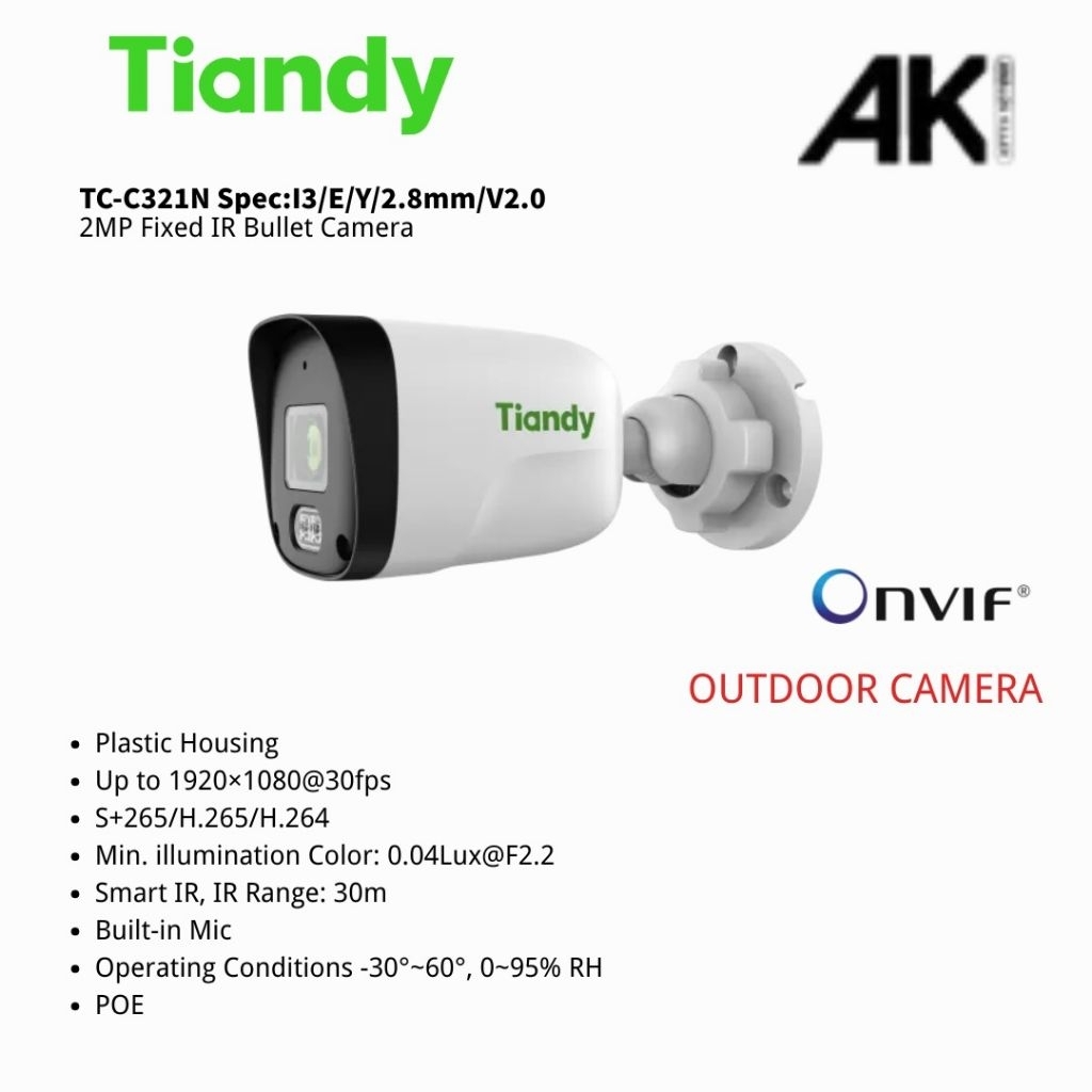 Tiandy 2mp Fixed IR Bullet(Outdoor)AK Camera (Spec:I3/E/Y/2.8mm/V2.0 ...