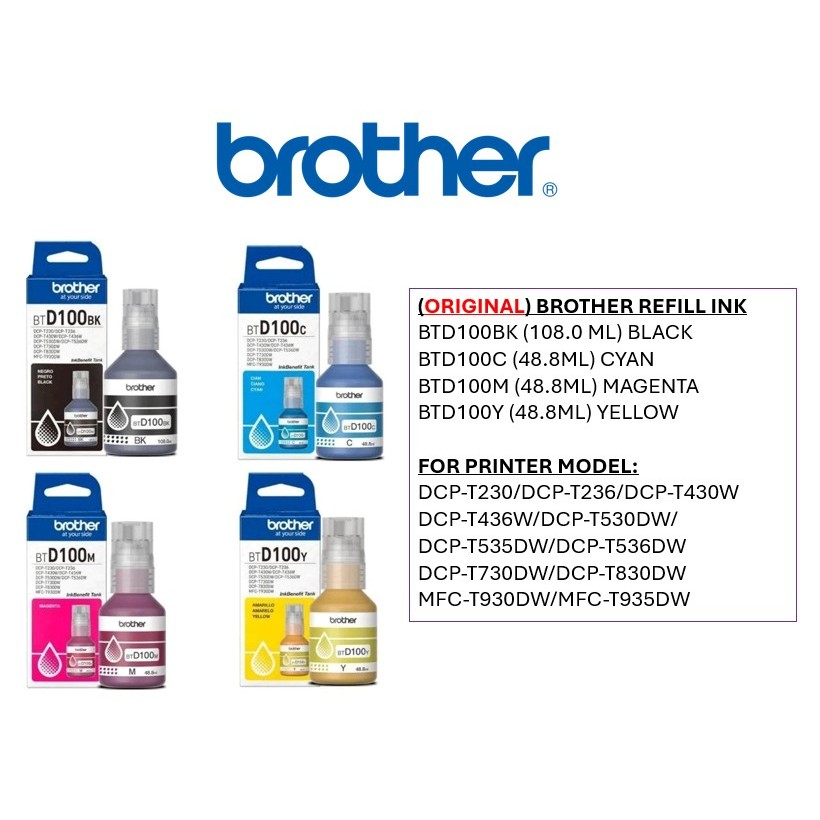BROTHER BTD100BK / BTD100C / BTD100M / BTD100Y REFILL INK (FOR DCP-T230 ...