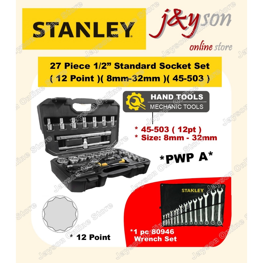 STANLEY Original 27-Pcs 1/2" 12 Point Drive Socket Set ( 8mm-32mm ) 45 ...