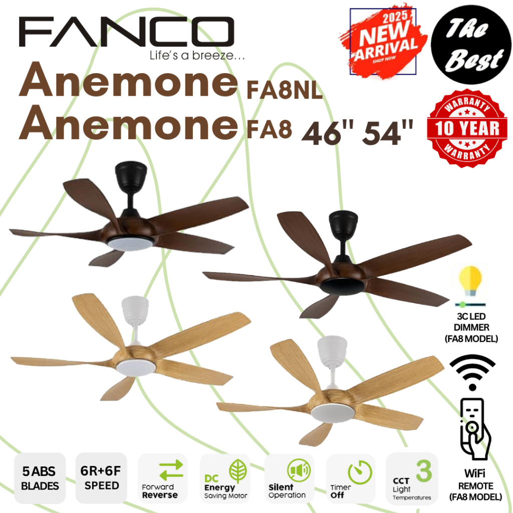 FANCO | ANEMONE FA8 FA8NL 5 Blade DC Motor 6+6 Speed R/F Remote Control ...