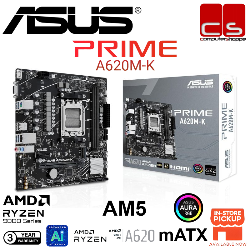 ASUS PRIME A620M-K AM5 M-ATX MOTHERBOARD+ AMD 7000 + 8000 Series ...