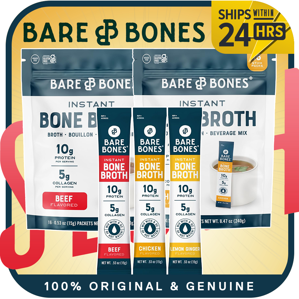 BARE BONES Keto Bone Broth Instant Powdered Mix, Chicken / Beef 15g ...