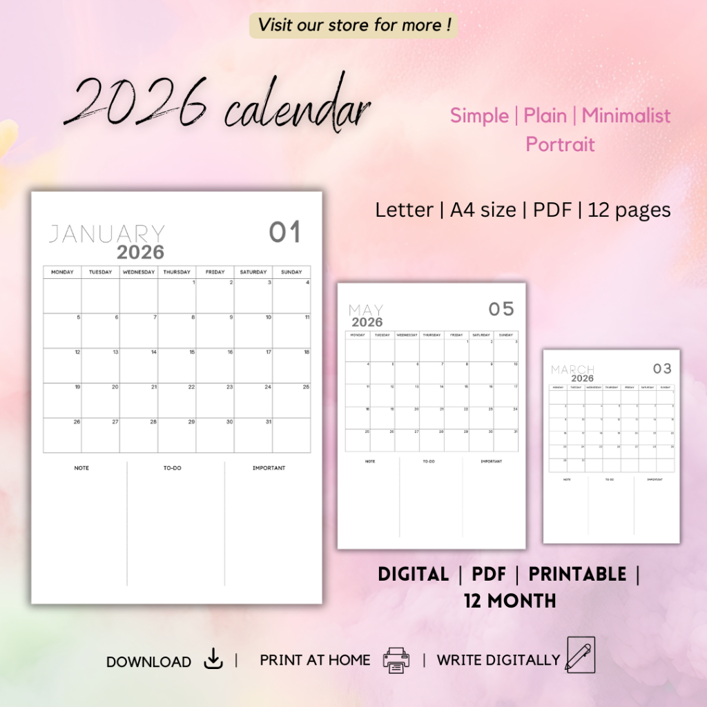 2026 CALENDAR | PLAIN MINIMALIST PORTRAIT | PDF | DIGITAL PRINTABLE ...