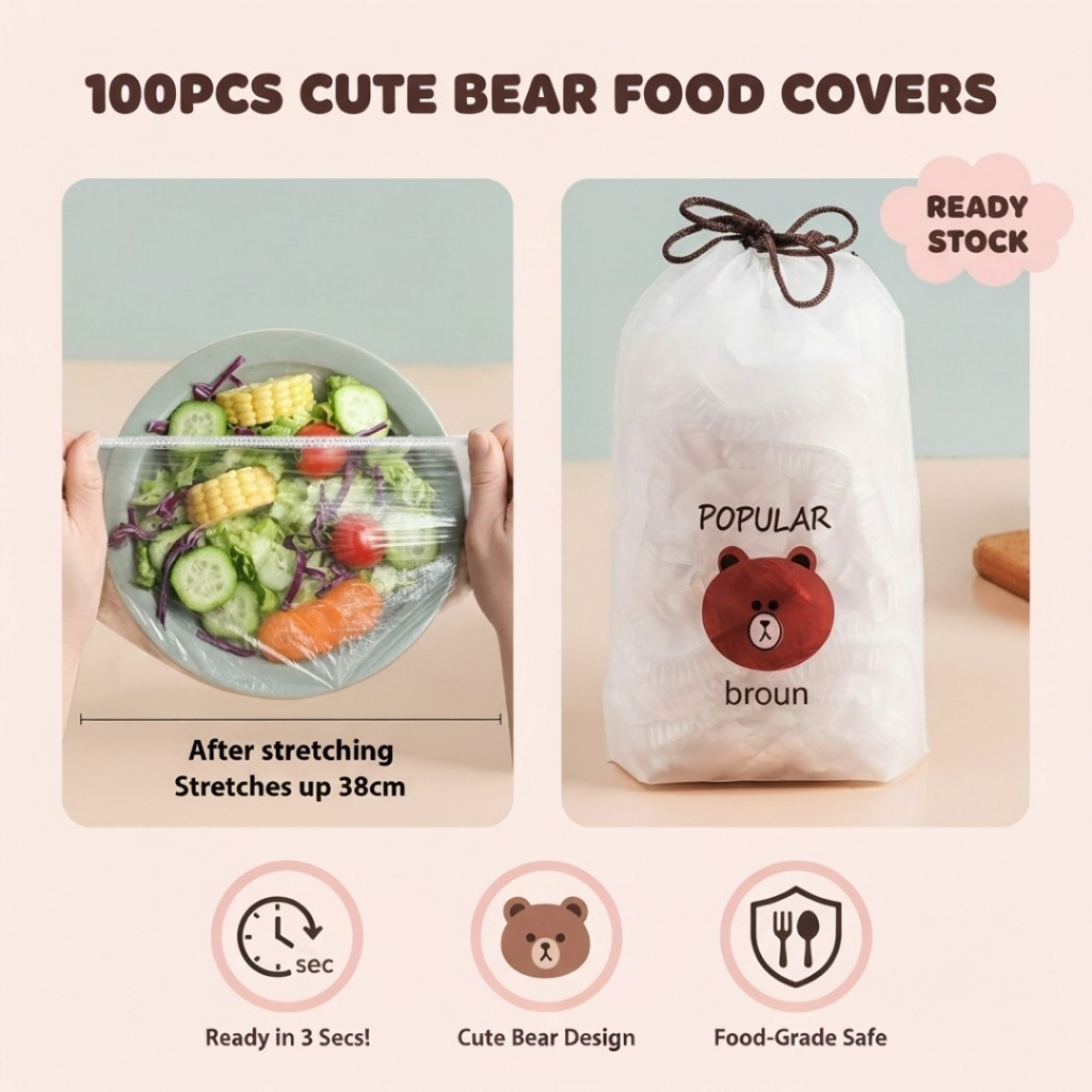 MSW 1000pcs Bear Design Disposable Food Cover Elastic Penutup Makanan ...