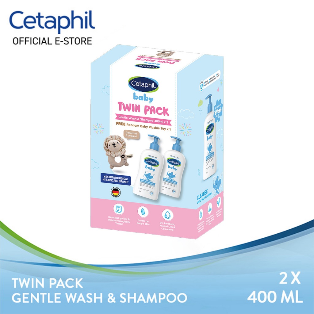 Cetaphil Baby Wash & Shampoo 400ML Twin Pack Free Plushie Toy | Shopee ...