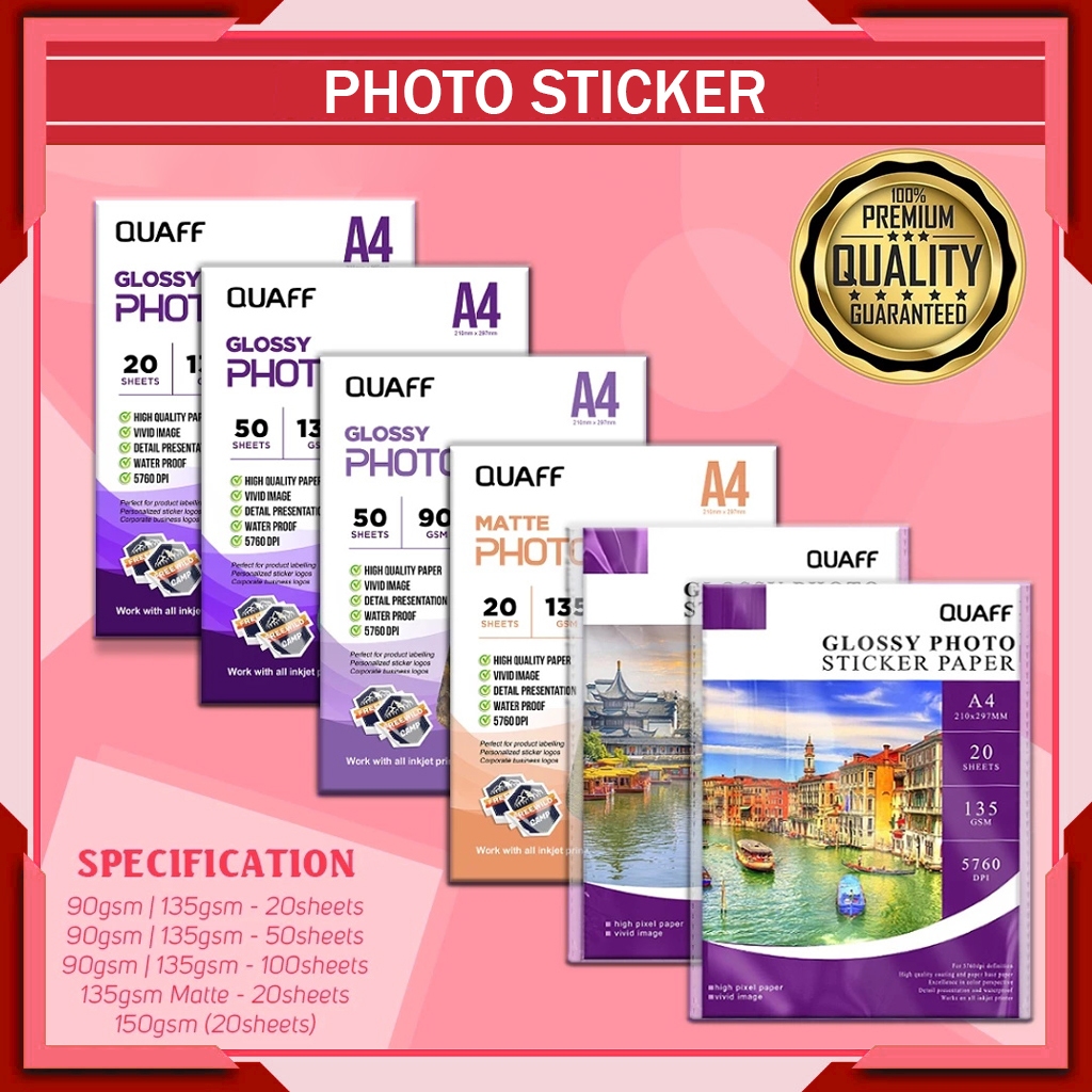 QUAFF Inkjet Photo Sticker Paper Glossy (90GSM & 135GSM) A4 & A3 Size ...