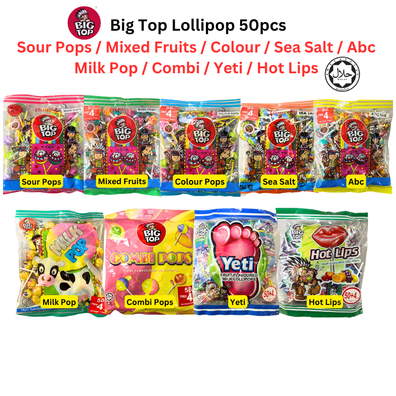 *Halal* Big Top Lollipop 50pcs Sour Pops / Mixed Fruits / Milk / Sea ...