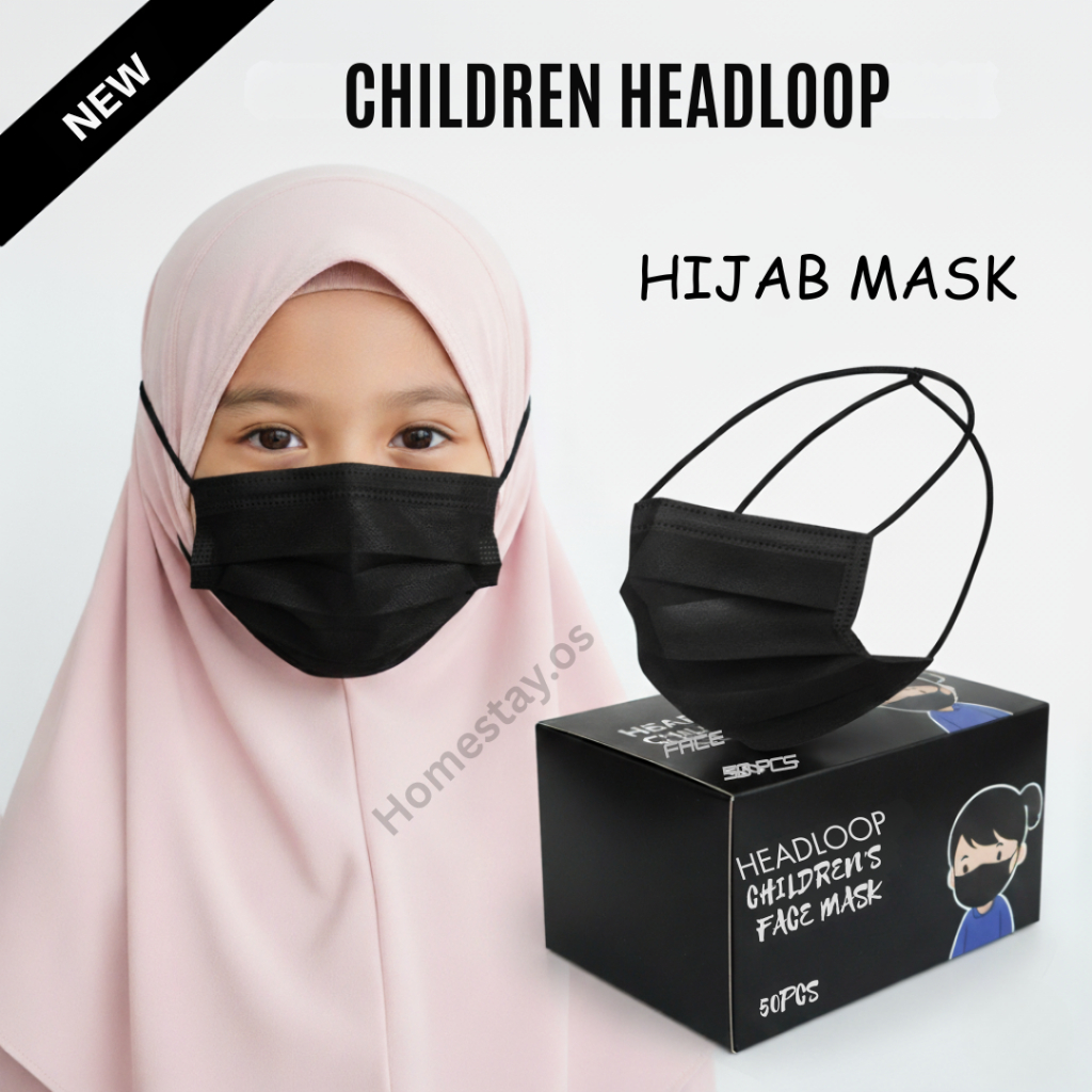 Kid Headloop 3-Ply Mask 50pcs Black | Hijab Mask | Budak Sekolah ...