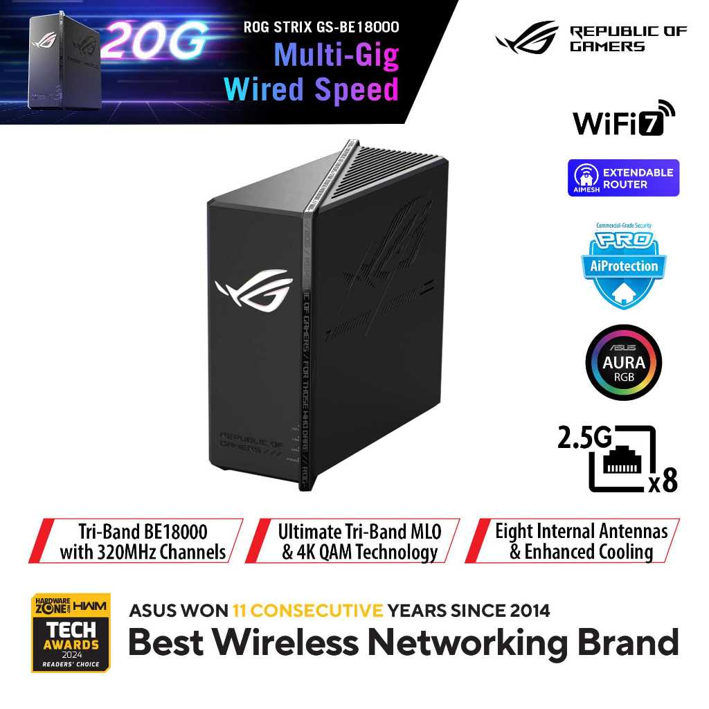 Asus ROG Strix GS-BE18000 WiFi 7 Tri-band Router, 18000 Mbps, 8× 2.5G ...
