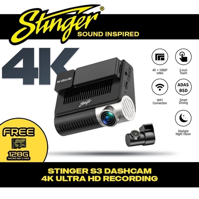 Stinger S3 Dashcam 4K Ultra HD Dual Camera Car Recorder + FREE 128GB ...