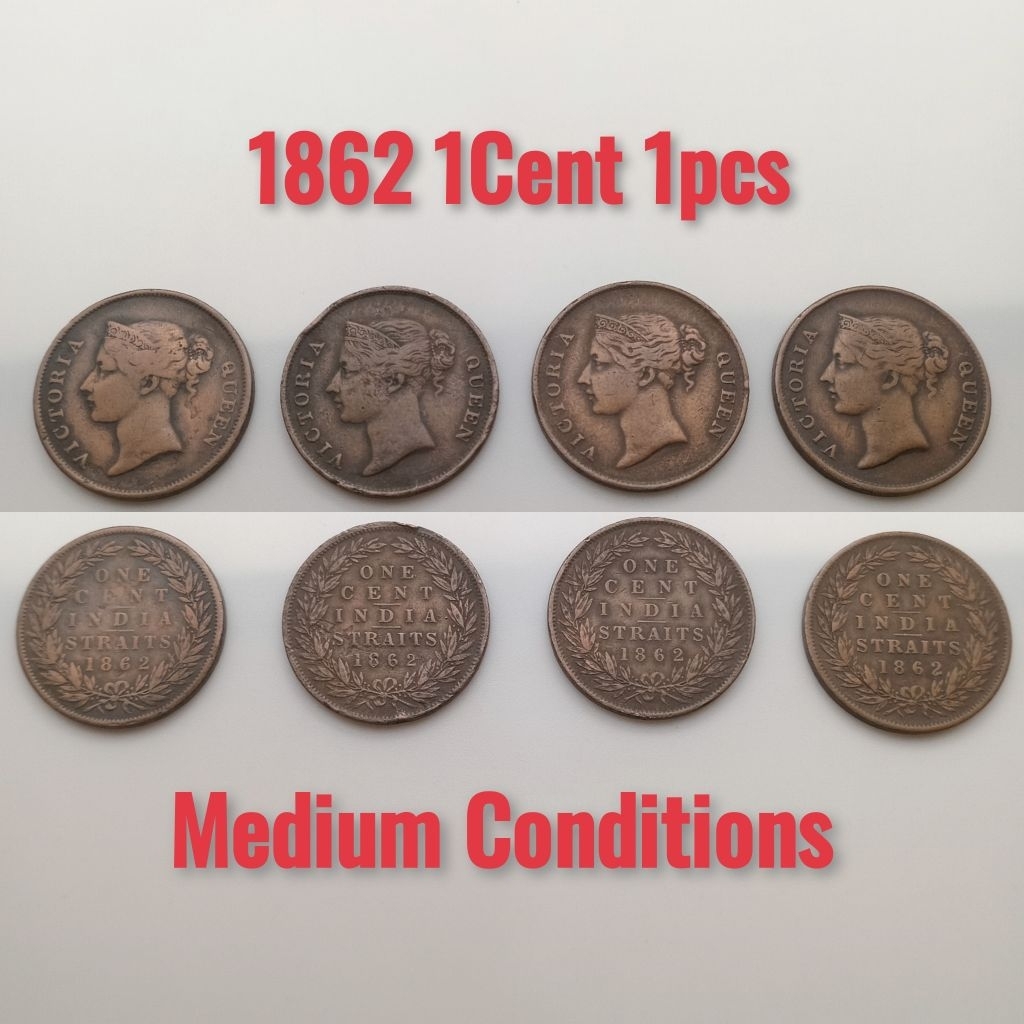 1Cent Copper Coins Medium Conditions 1862 India Straits Queen Victoria ...