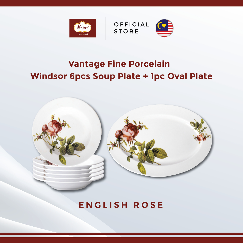 Vantage Fine Porcelain English Rose 6pcs Soup Plate and 1pc 30cm Oval ...