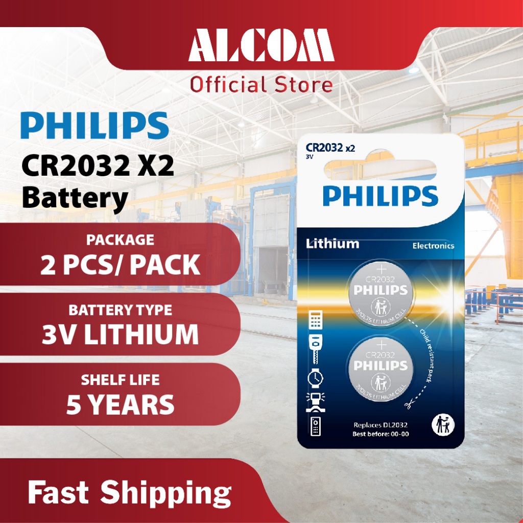 PHILIPS CR2032 x2 Battery with 3V, Lithium & 5 Years Shelf Life for ...